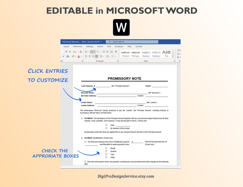 Editable Promissory Note Template (WORD & PDF) - Etsy