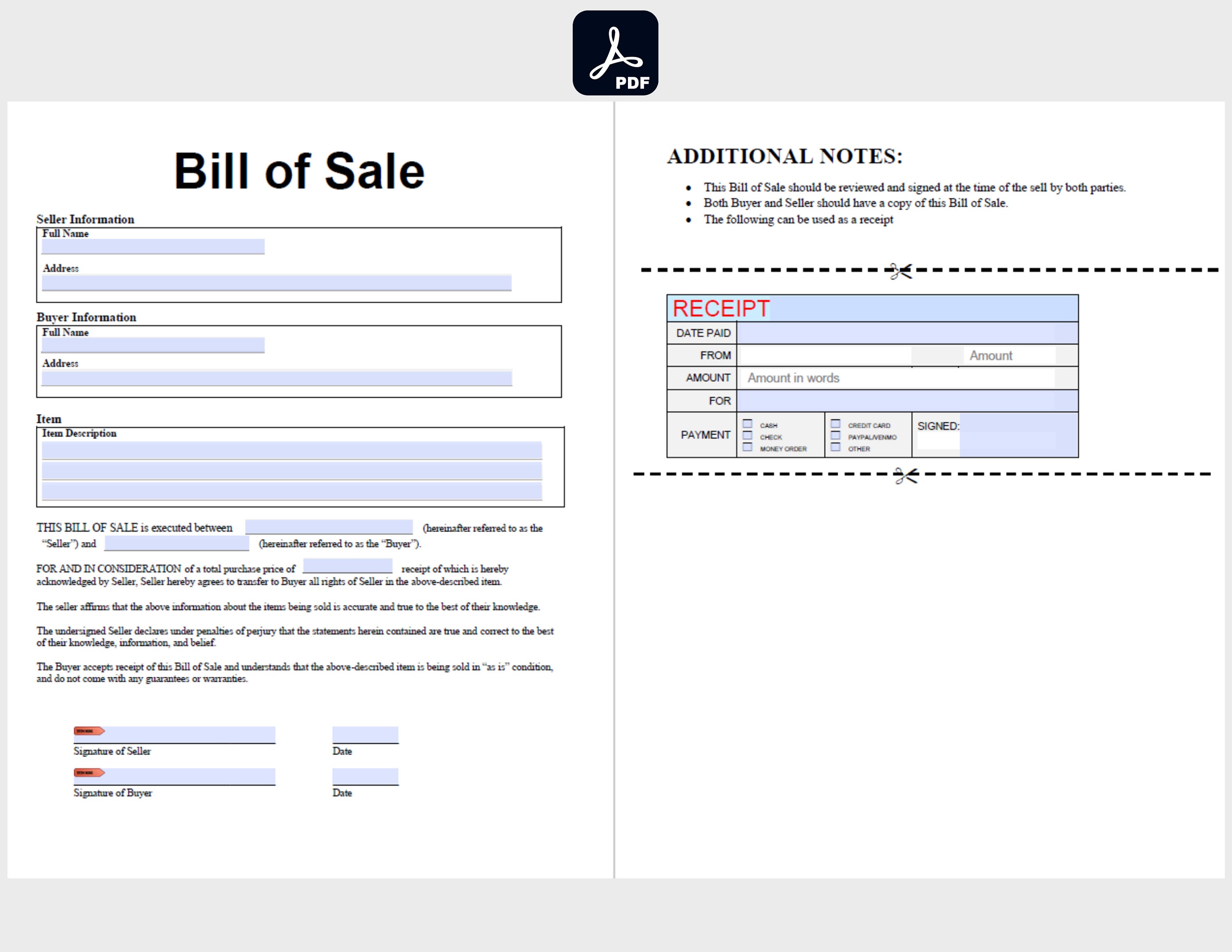 Bill of Sale - Editable/fillable in WORD & PDF. Bill of Sale Template ...