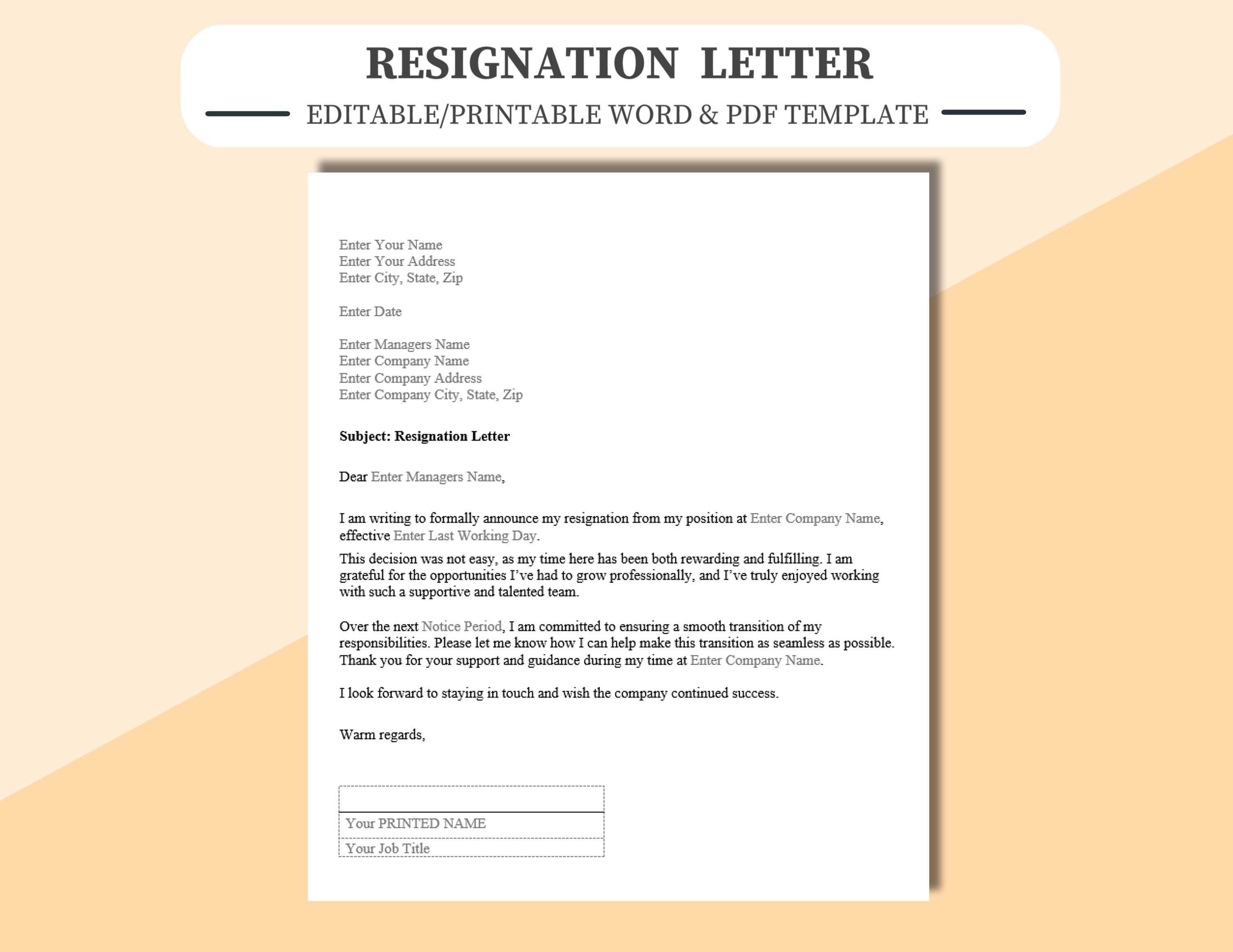 Resignation Letter - Editable in Microsoft Word, Adobe Acrobat PDF or ...