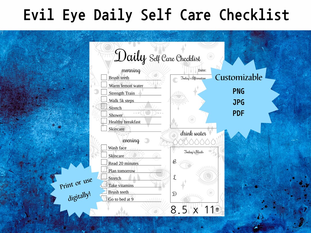 Evil Eye Theme Self Care Checklist, Daily Self Care, Digital Self Care ...