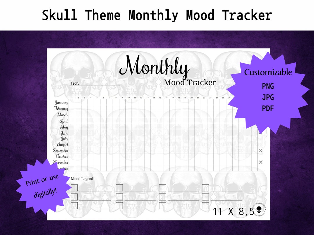 Skull Theme Mood Tracker Printable, Mood Tracker Template, Mood Tracker ...