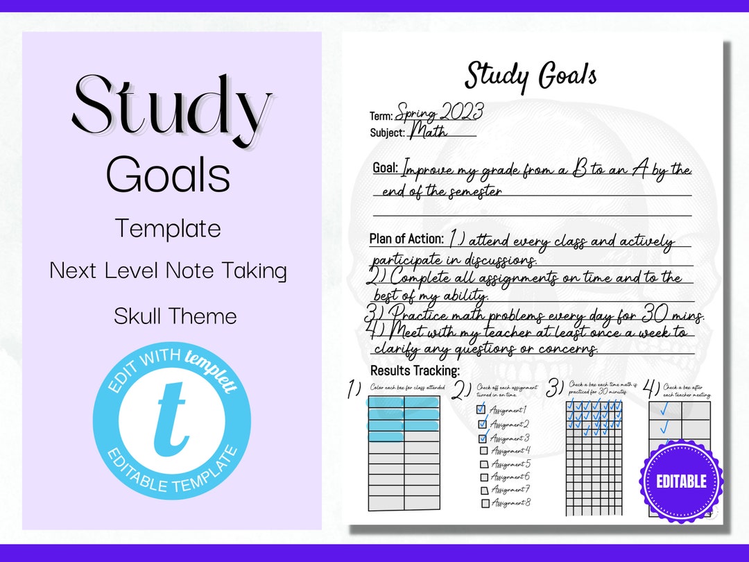 Study Goals Tracker Editable Skull Theme Printable Study Planner ...
