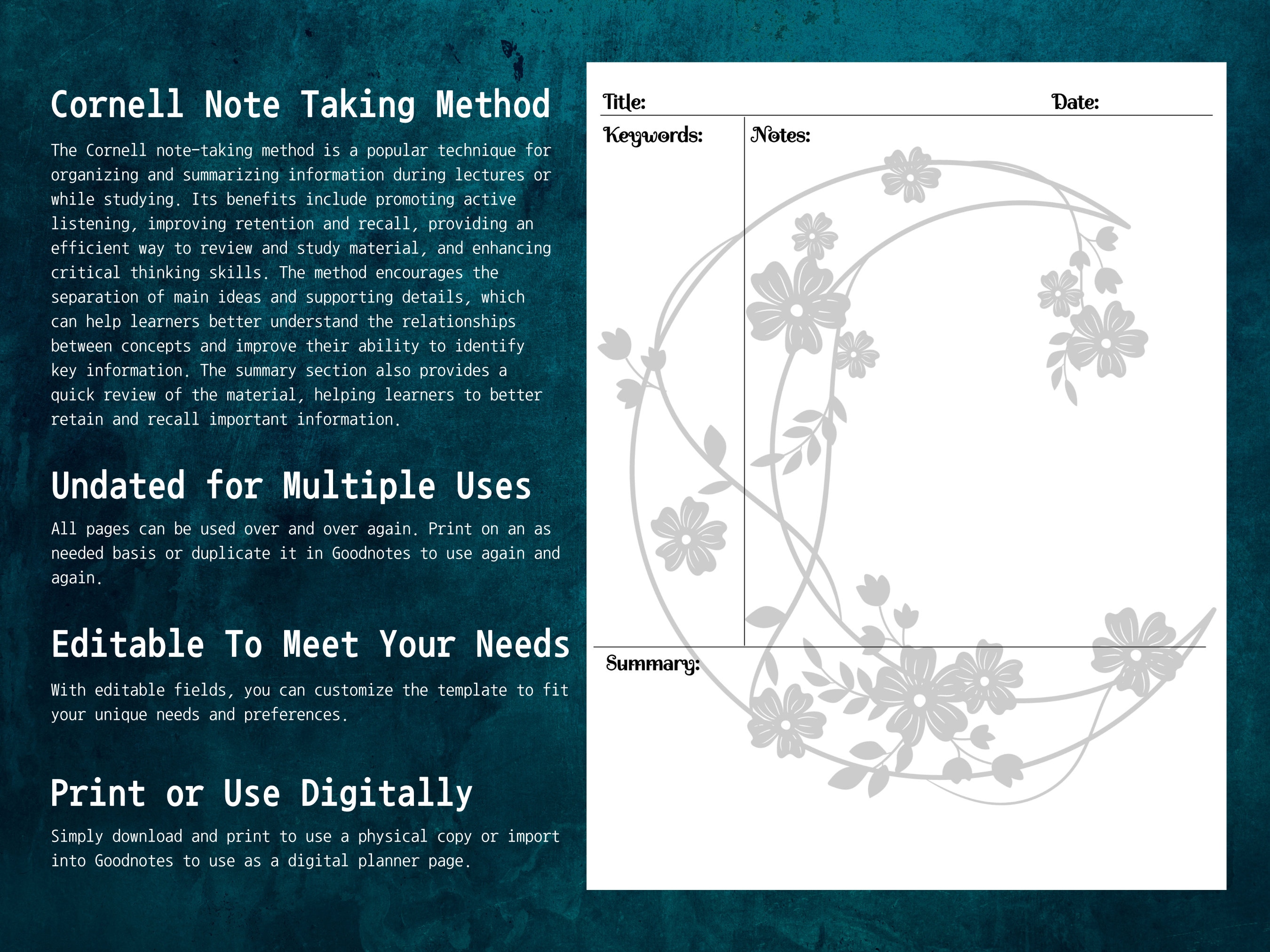 Cornell Method Note Taking Template Digital Download Note - Etsy