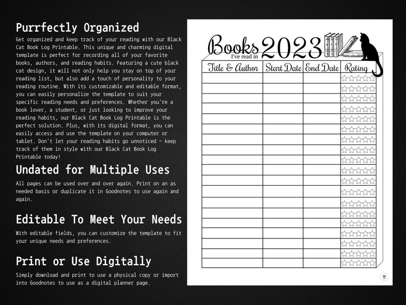 Printable Book Log Template for Bookworms Black Cat Book Log Digital ...