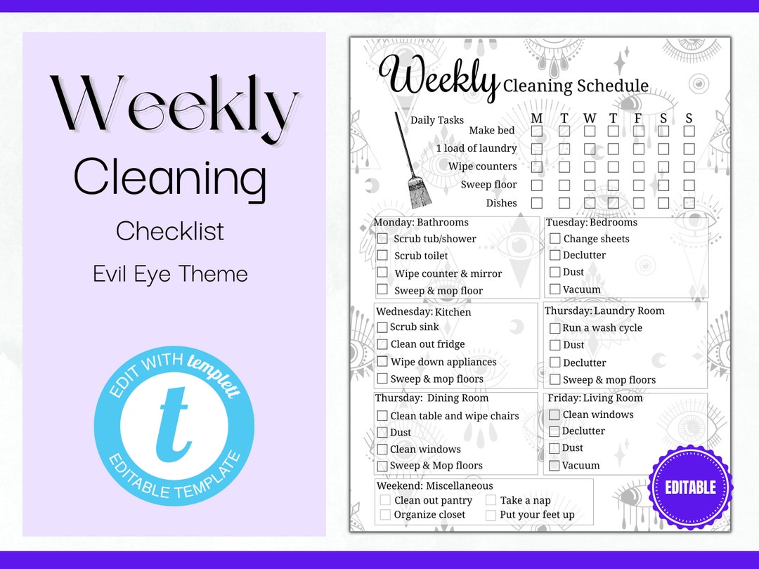 Weekly Cleaning Checklist Printable/digital Evil Eye Theme, Editable ...