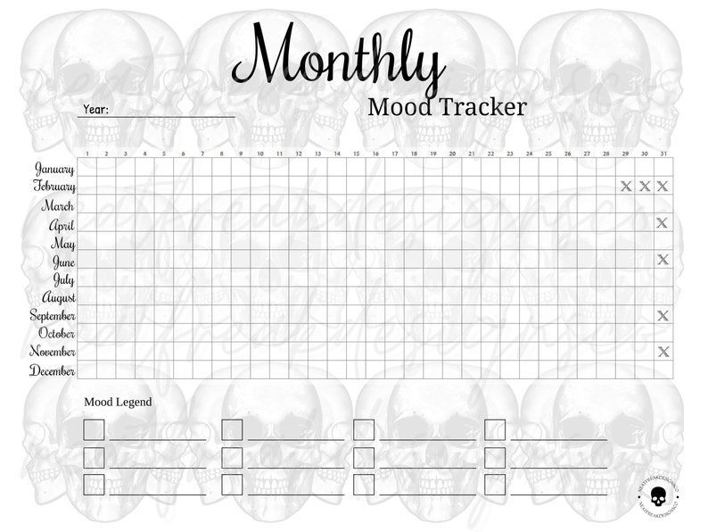 Skull Theme Mood Tracker Printable, Mood Tracker Template, Mood Tracker ...