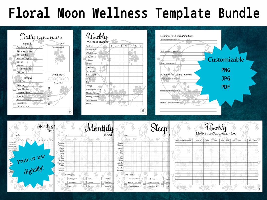 Editable Printable and Digital Wellness Trackers Floral Moon Wellness ...