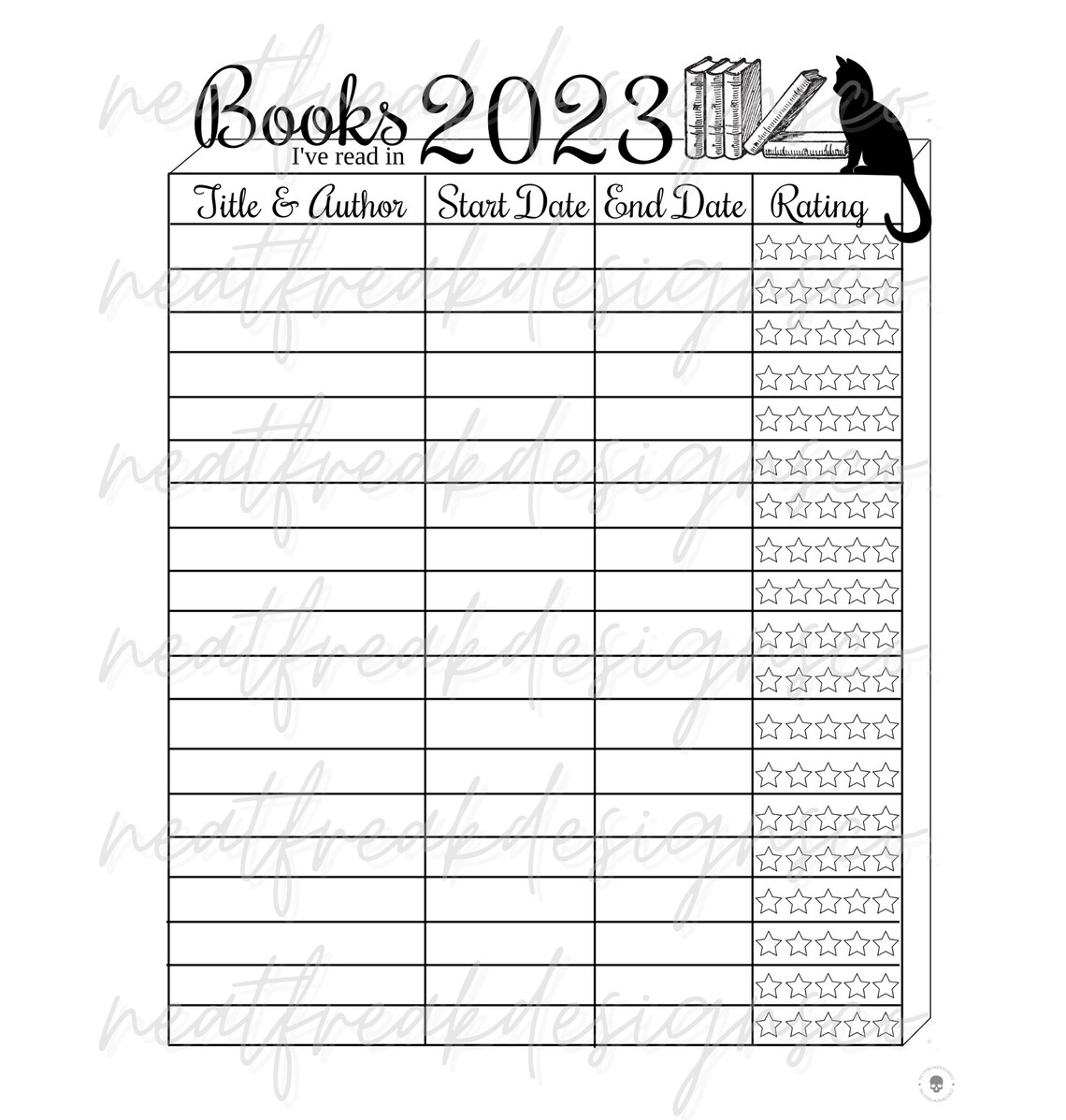 Printable Book Log Template for Bookworms Black Cat Book Log Digital ...