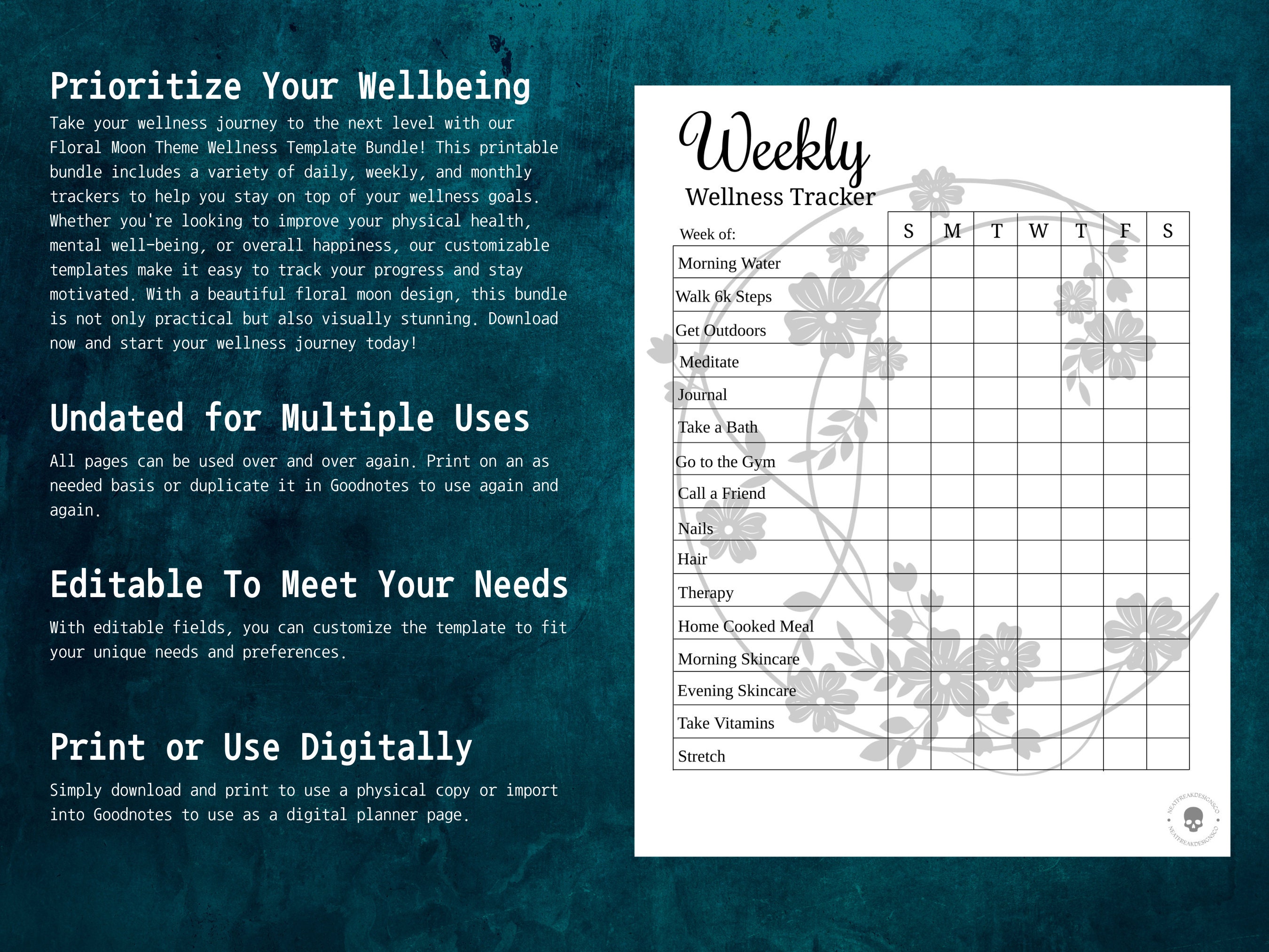 Editable Printable and Digital Wellness Trackers Floral Moon Wellness ...