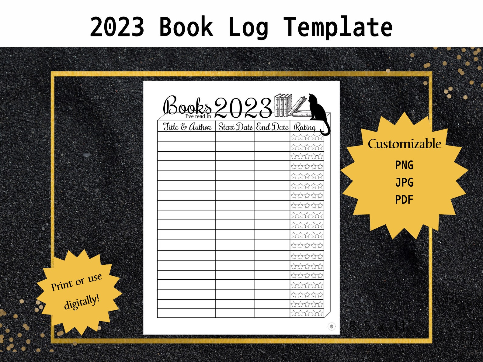 Printable Book Log Template for Bookworms Black Cat Book Log Digital Download Reading Log ...