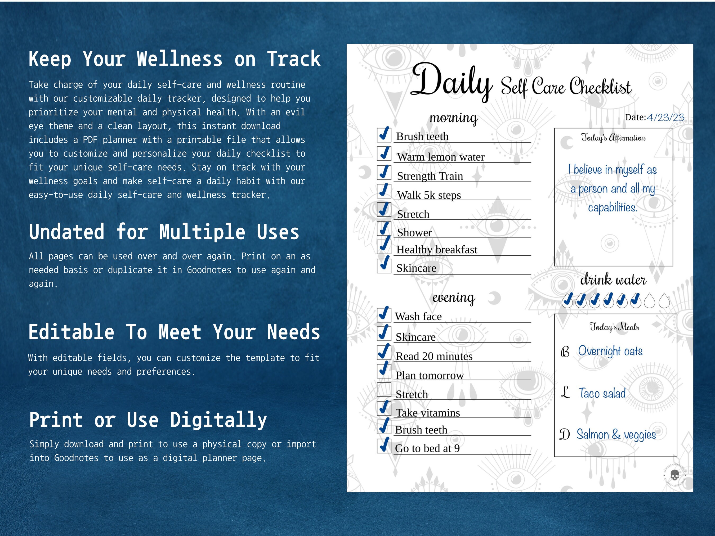 Evil Eye Theme Self Care Checklist, Daily Self Care, Digital Self Care ...