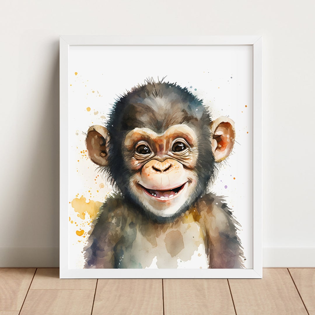 Happy Baby Chimp Printable Watercolor Painting Nursery Decor Printable ...