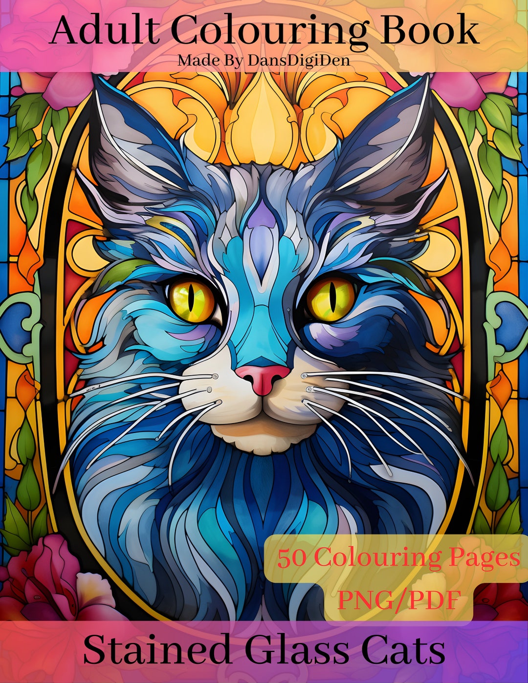 Stained Glass Cats Coloring Book, Printable PNG/PDF Coloring Pages ...