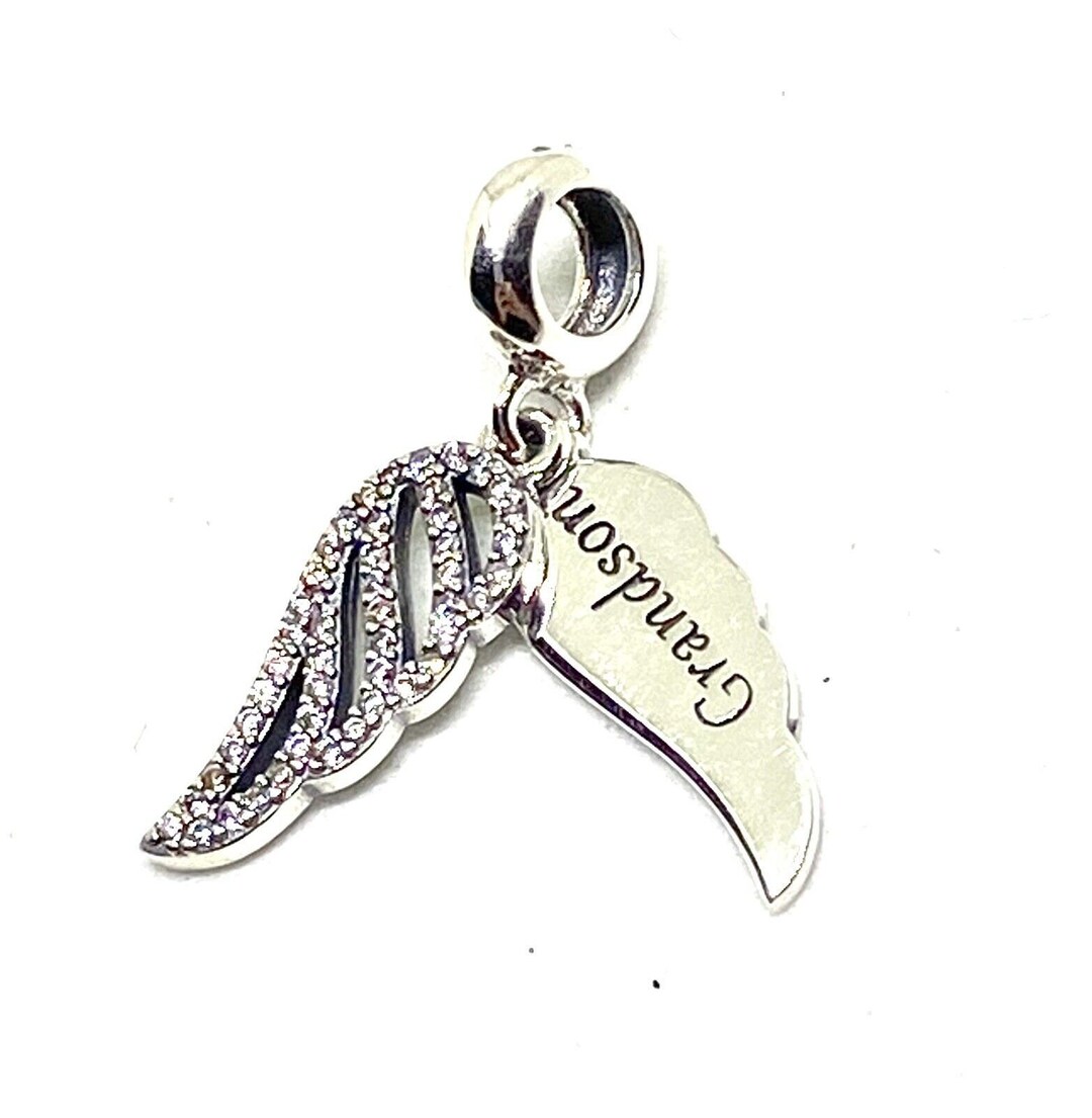 Sterling Silver 925 Sparkling Grandson Angel Wing Memorial Charm ...