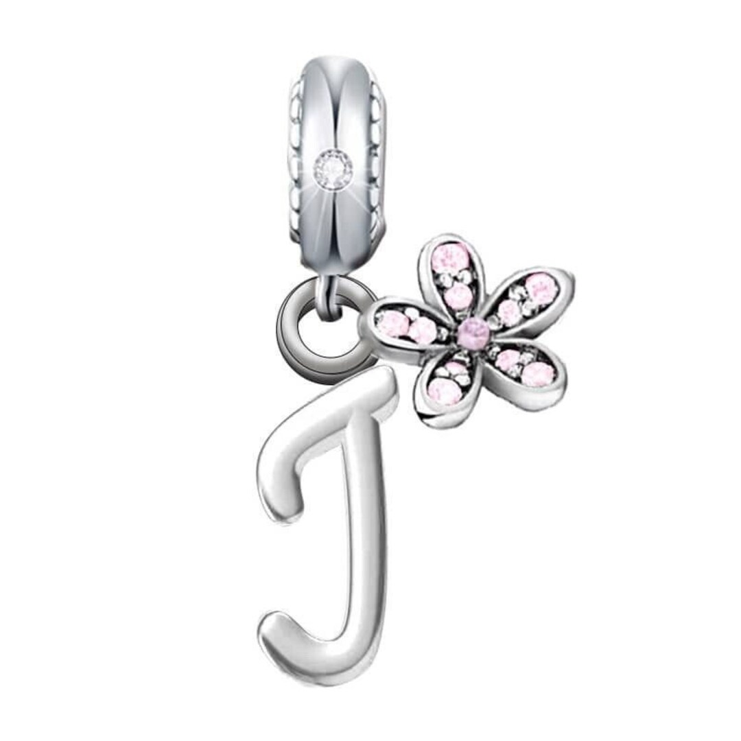 Letter J Name Initial Pink Daisy Flower Charm 925 Sterling Silver Gift ...