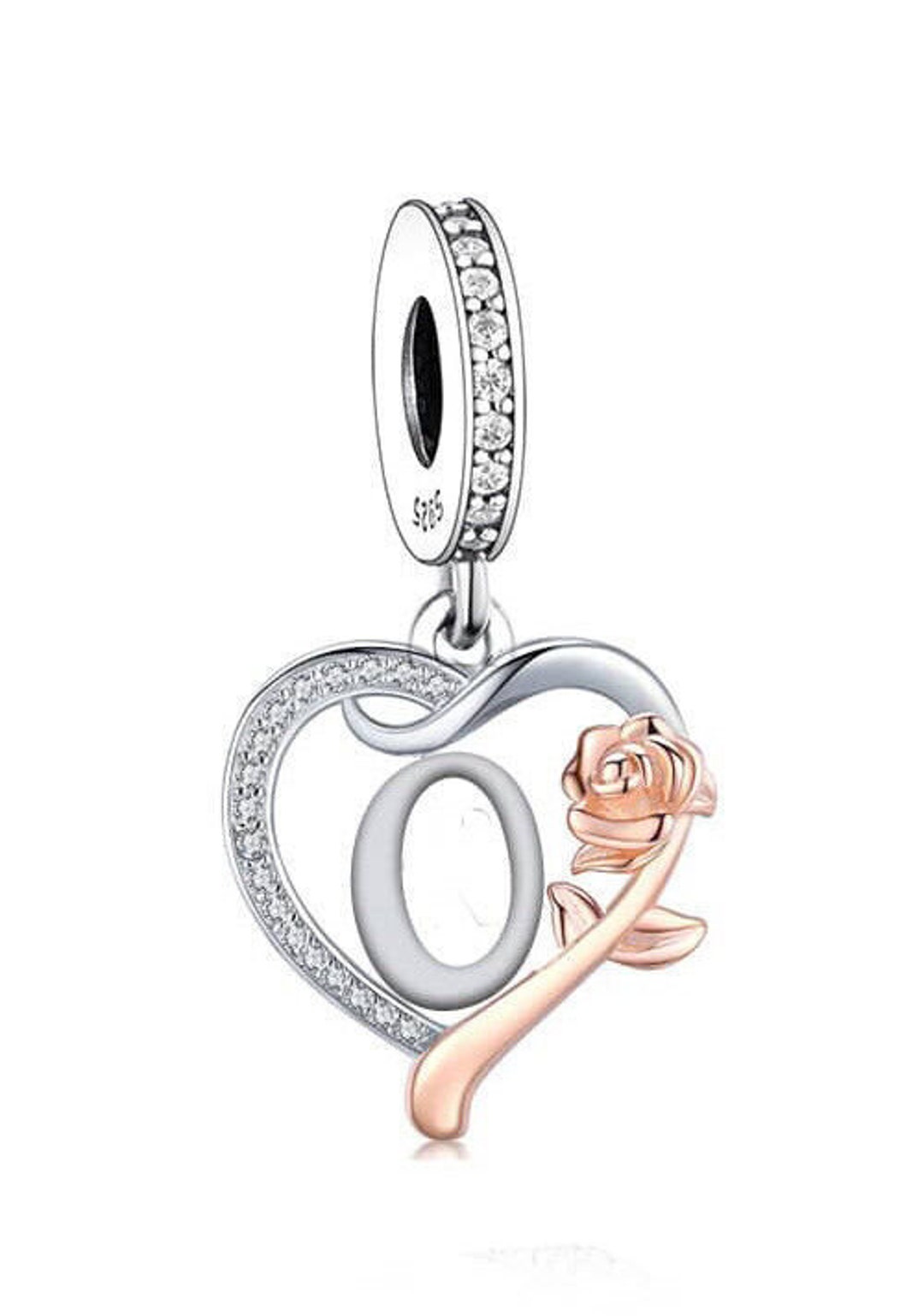 Letter O Name Initial Heart & Rose Dangle Charm 925 Sterling Silver for ...