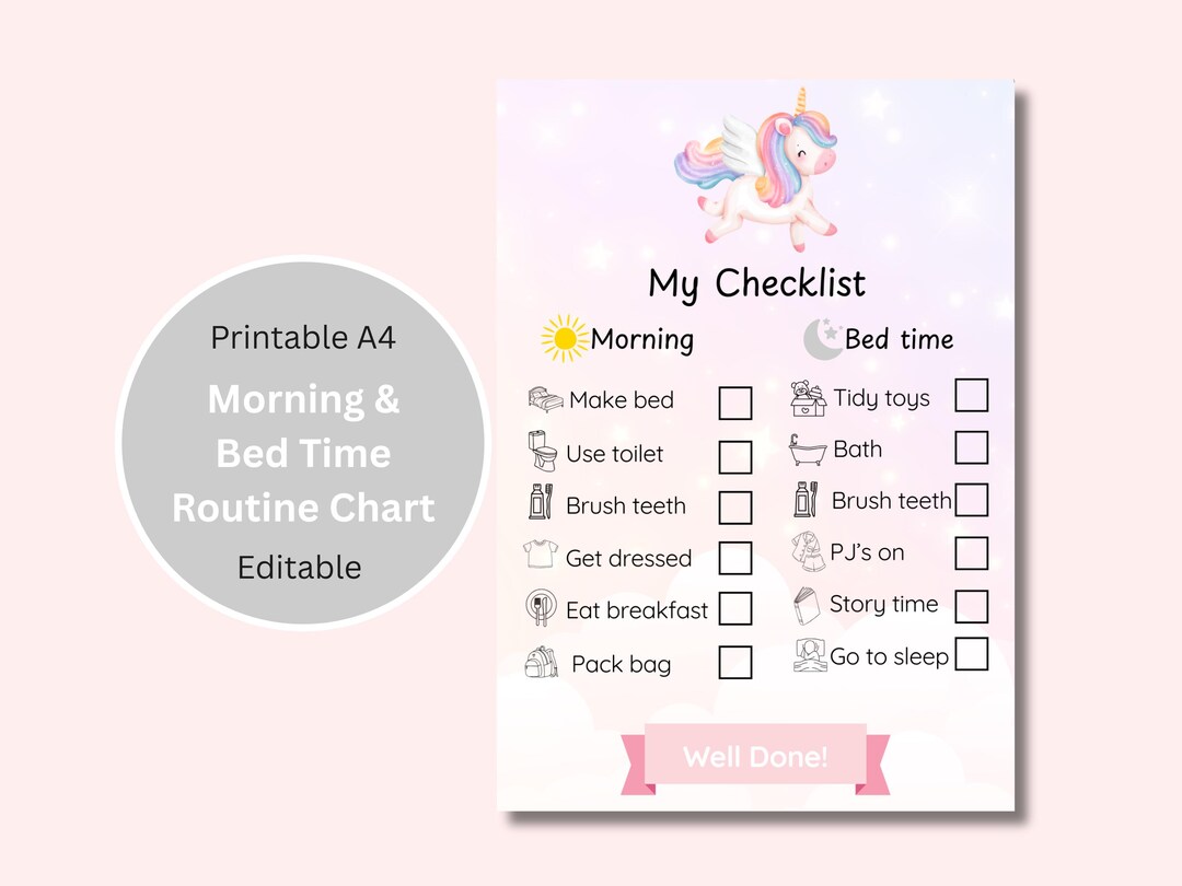 Unicorn Morning and Bed Time Routine Chart, Printable Kids Routine ...