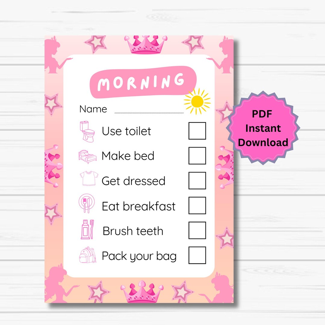 Princess Morning Routine Chart Printable, Kids Routine Checklist, Girls ...