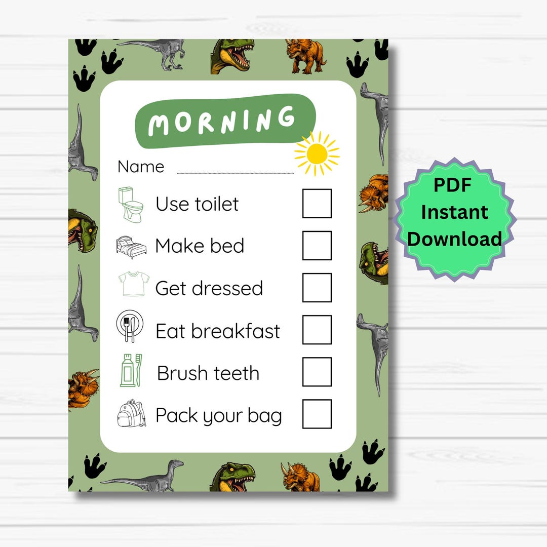 Dinosaur Morning Routine Chart Printable, Kids Routine Checklist, Boys ...