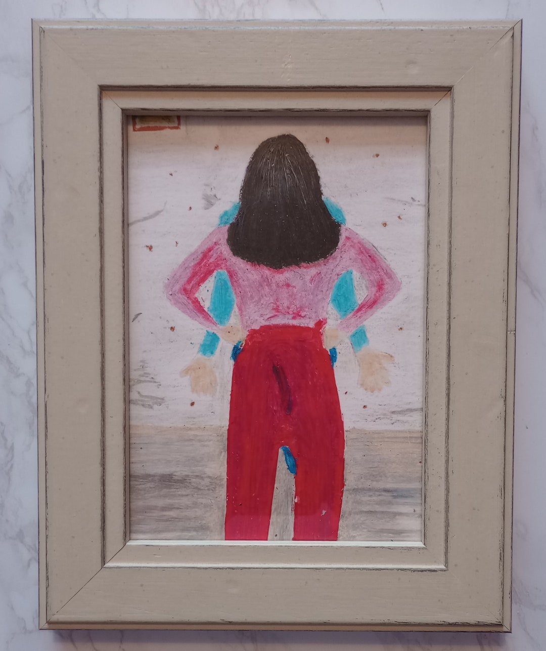 Red Trousers Framed Oil Pastel Painting of Woman With Red - Etsy