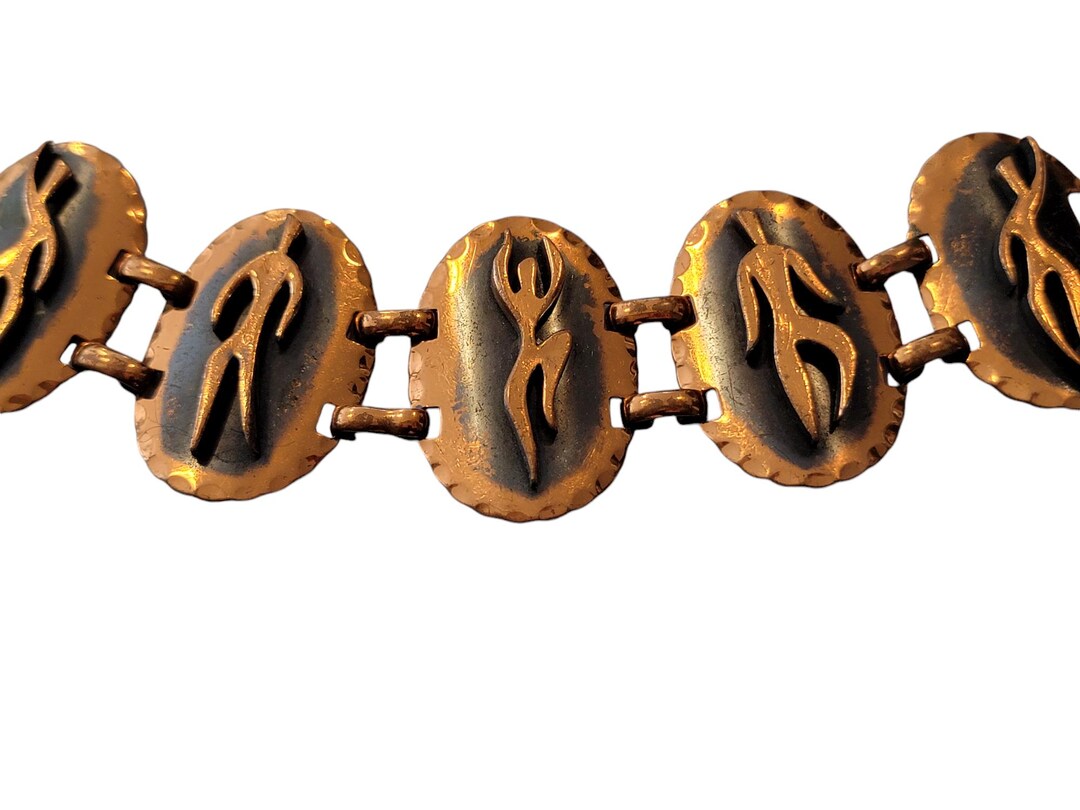 Vintage Unsigned 1960s Solid Copper Link Bracelet With Figures - 7 1/2 ...