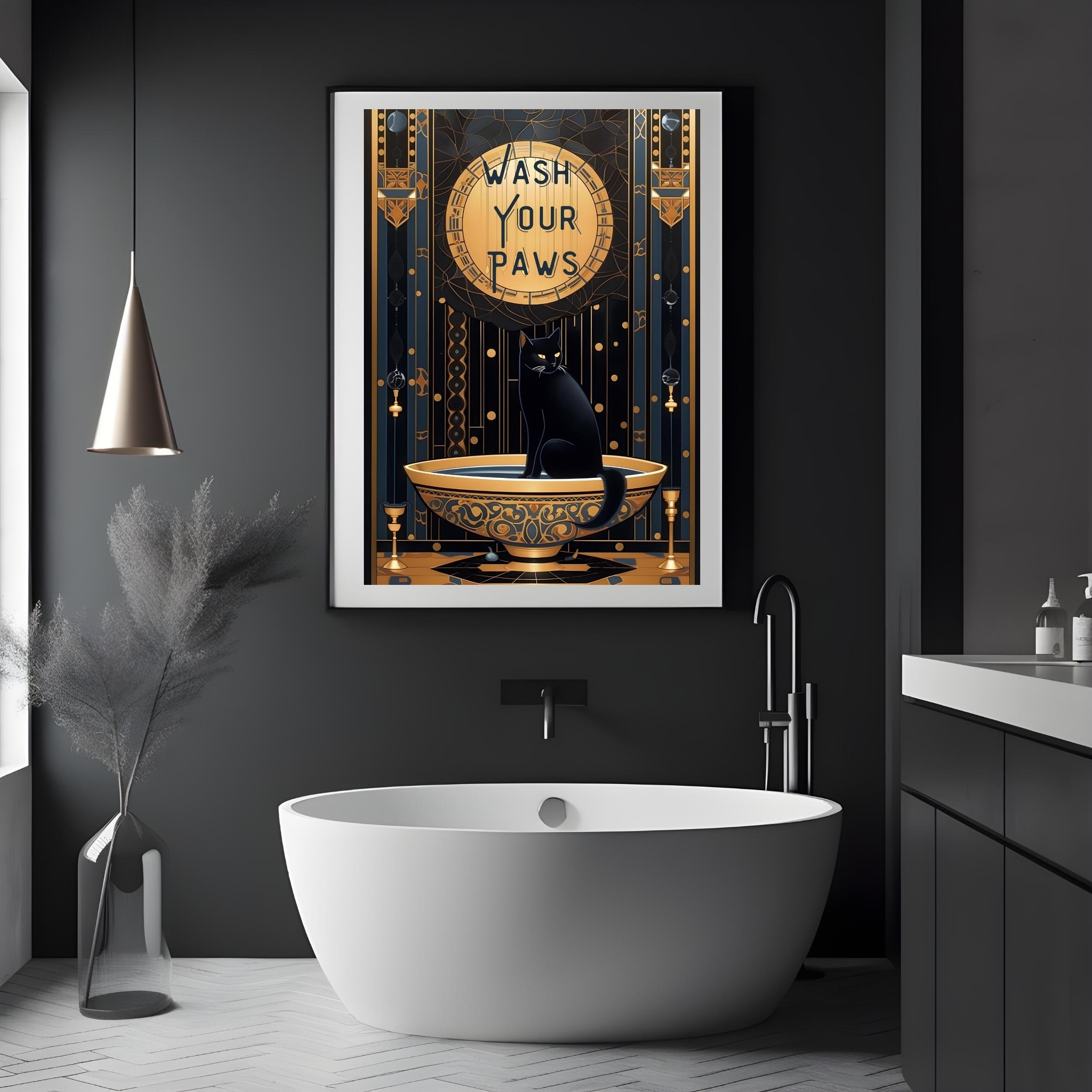 Black Cat Bathroom Poster: Art Deco Wash Your Paws Print - Etsy