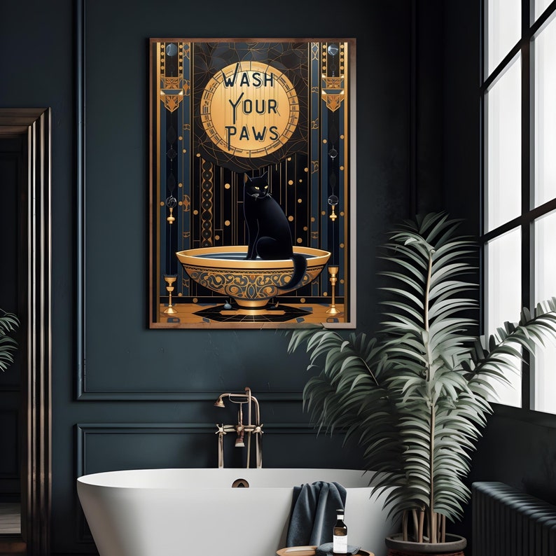 Black Cat Bathroom Poster: Art Deco Wash Your Paws Print - Etsy