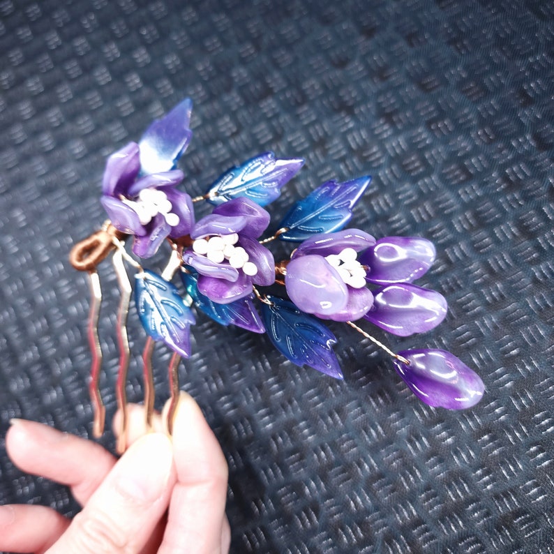 Glass Flower Hair Comb: Blue Purple Flower Golden Chinese Hair Comb ...