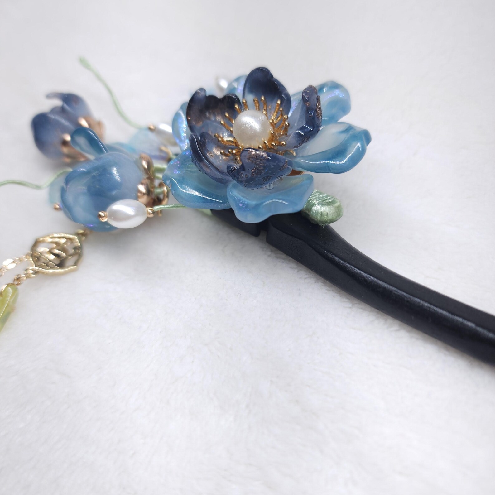 Handmade Blue Floral Hair Stick With Pearl & Dangles, Hanfu Accessory ...