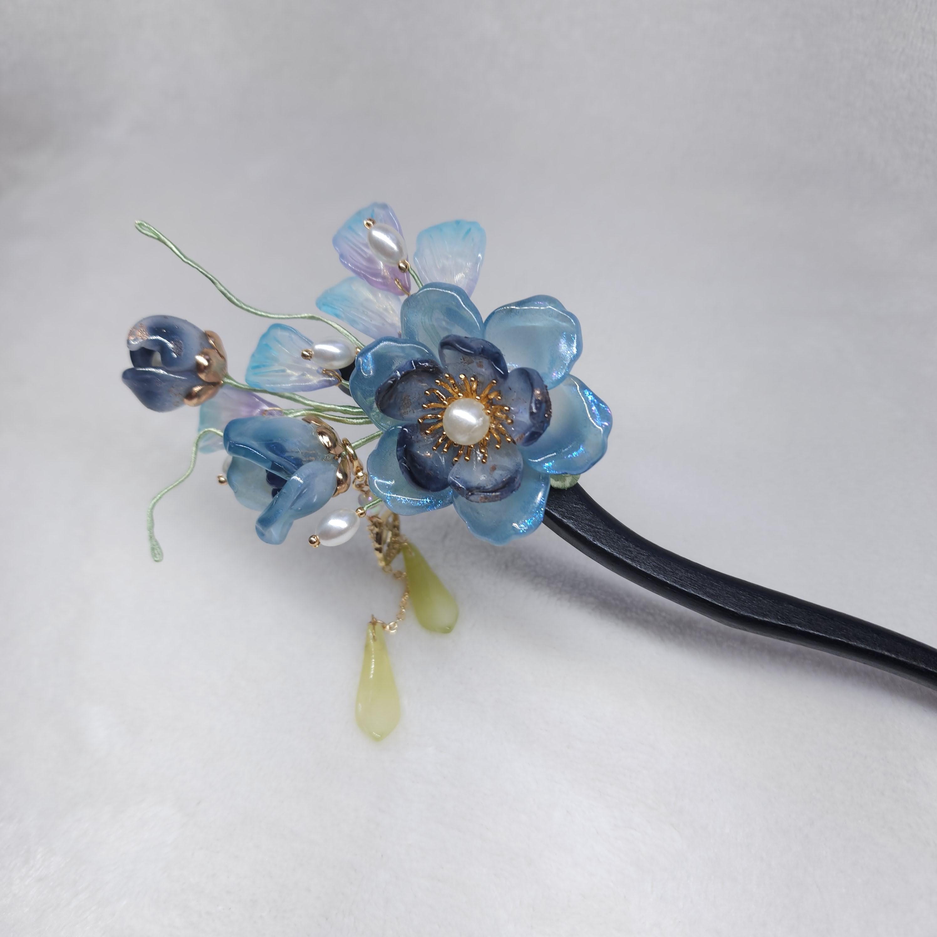 Handmade Blue Floral Hair Stick With Pearl & Dangles, Hanfu Accessory ...