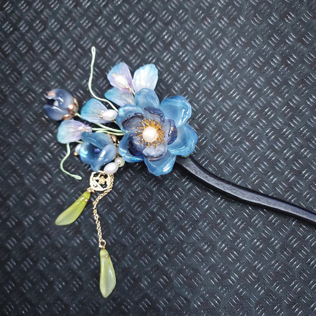 Handmade Blue Floral Hair Stick With Pearl & Dangles, Hanfu Accessory ...