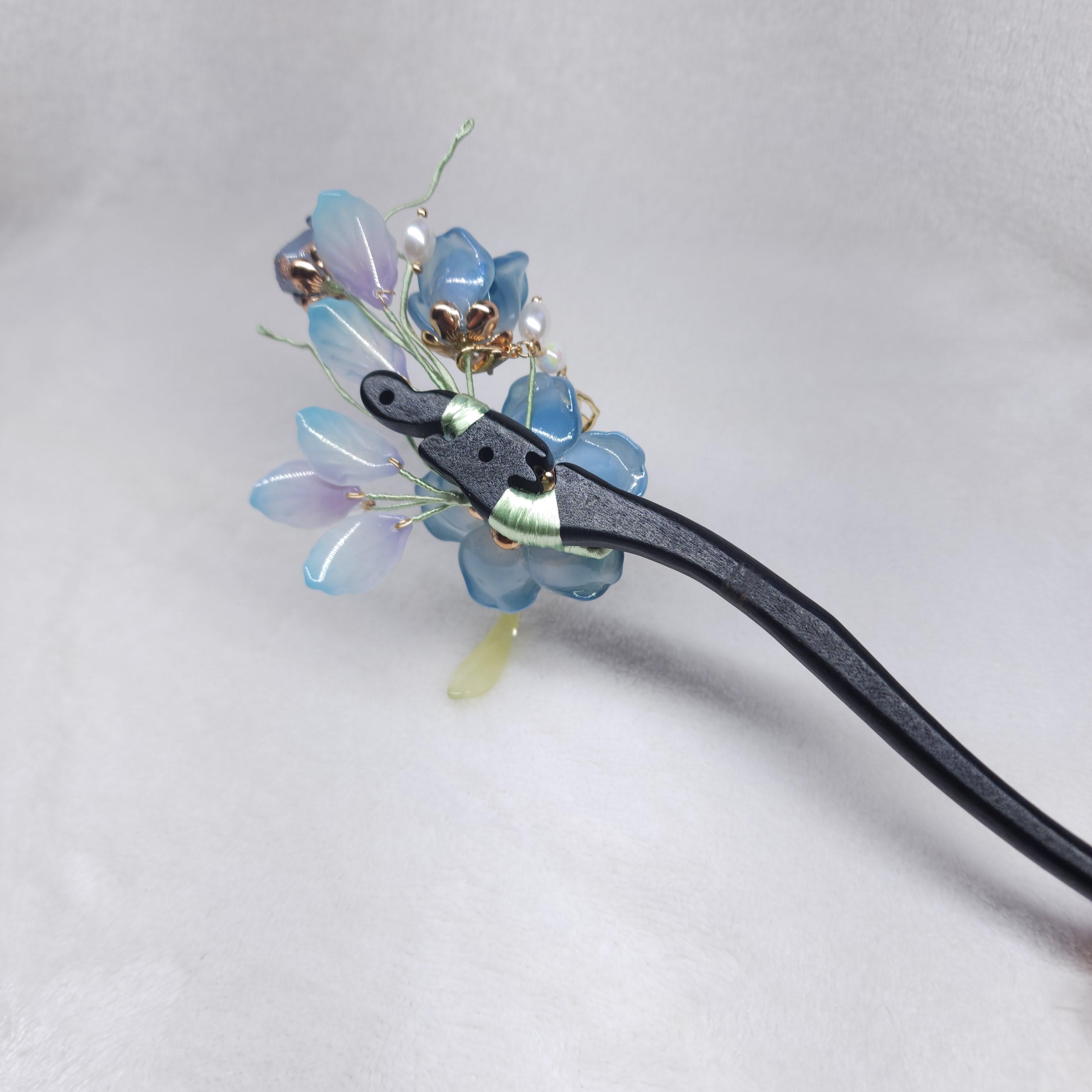Handmade Blue Floral Hair Stick With Pearl & Dangles, Hanfu Accessory ...