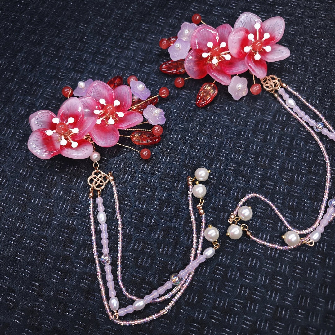 White Red Flower Hair Clip With Tassel: Glass Flower Golden Chinese ...
