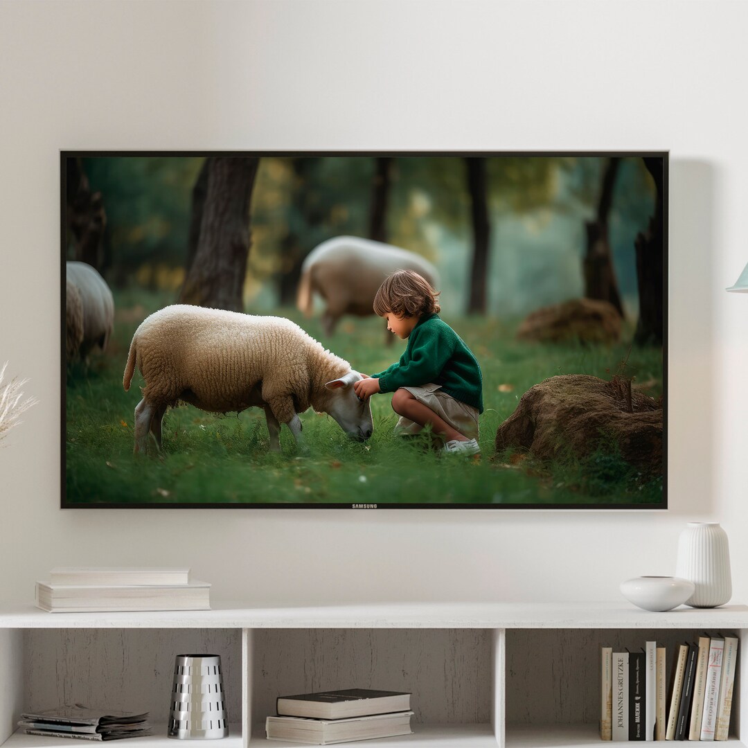 A Child and Sheep in a Beautiful Green Landscape Samsung Frame Art ...