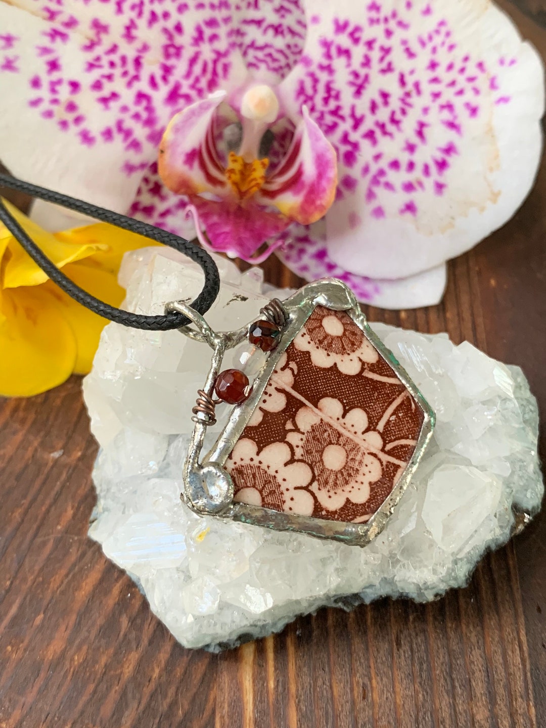 Broken China Necklace, Brown Floral, Soft Solder, Wire, Agate Gemstones ...
