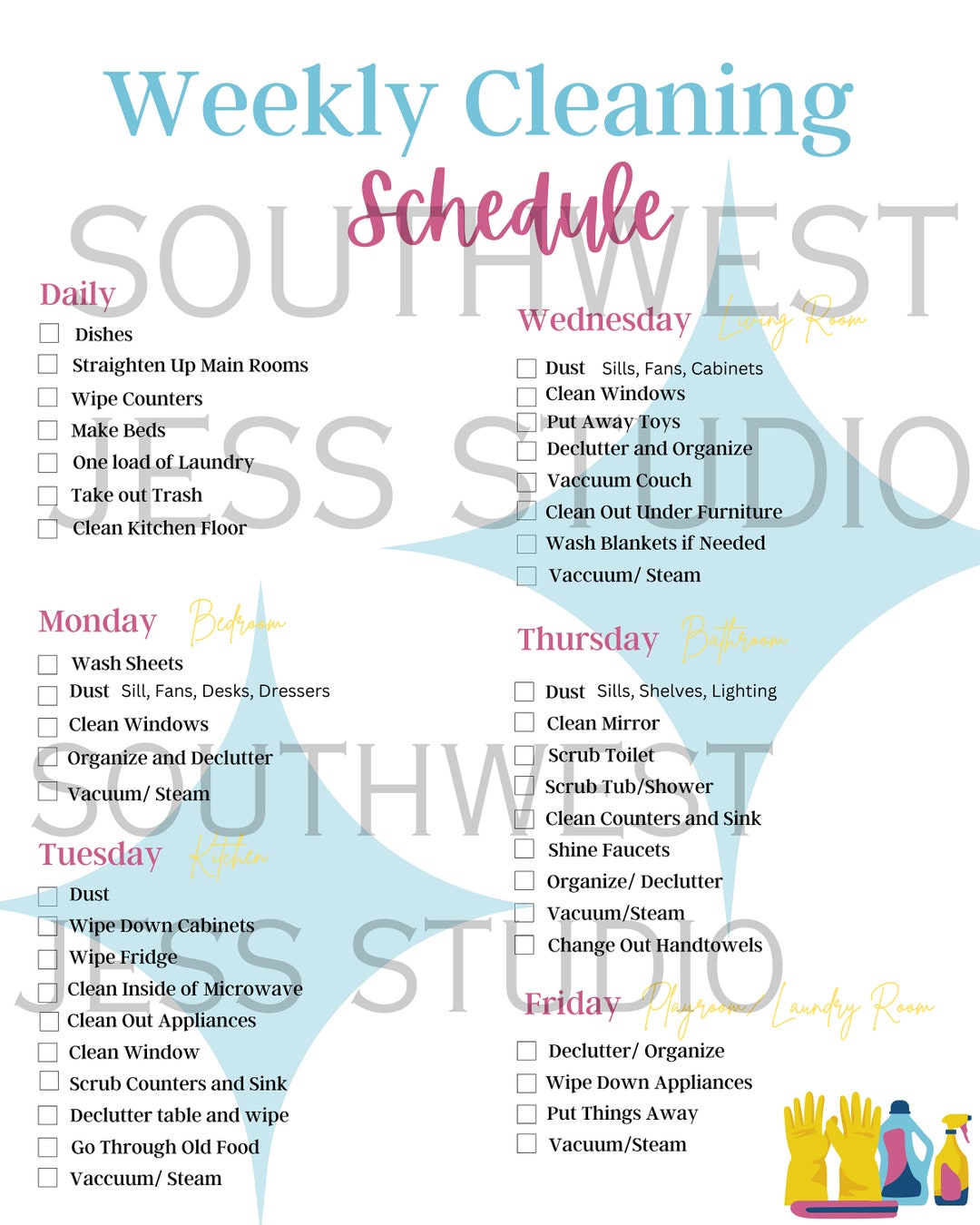 Editable Easy Weekly Cleaning Schedule - Etsy