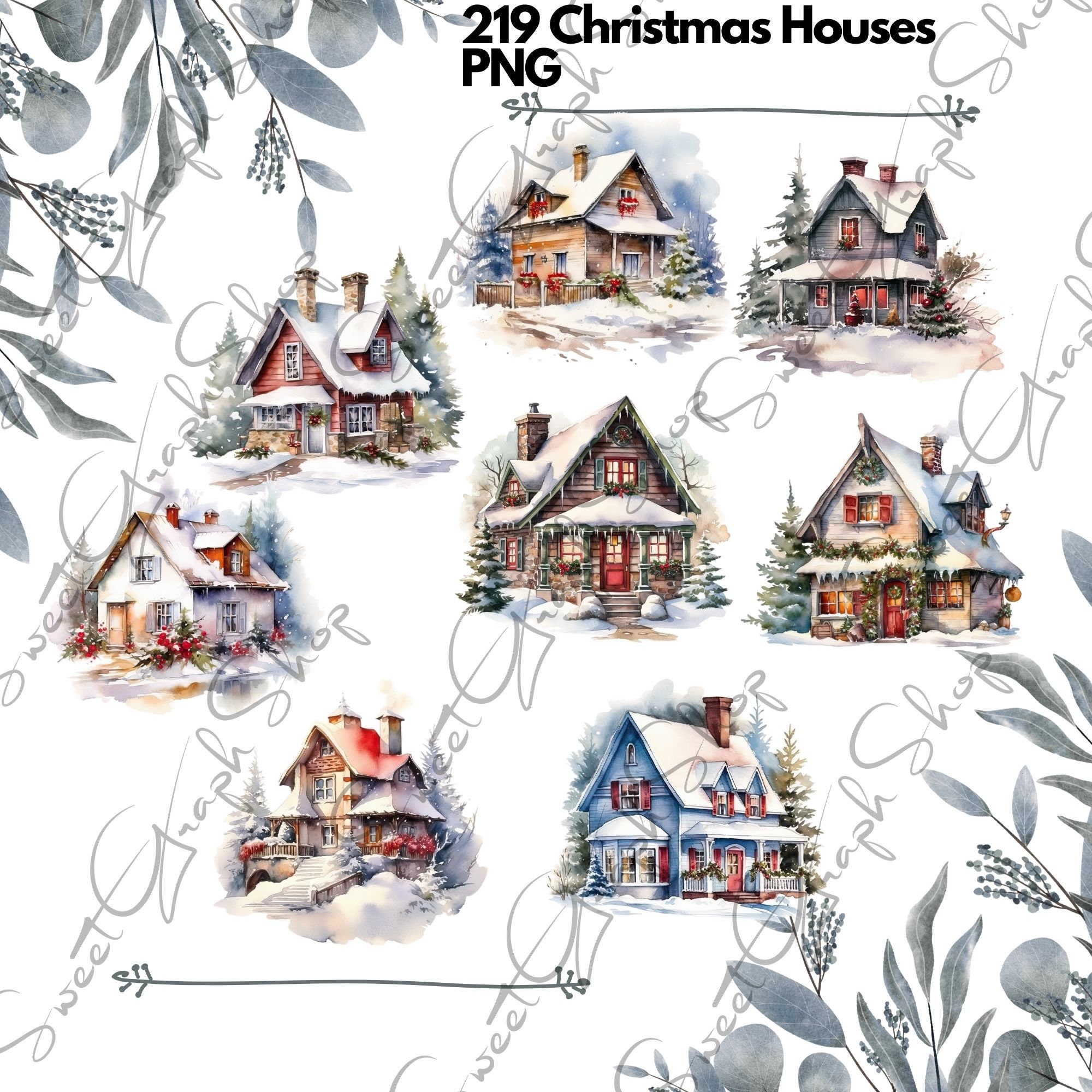 Christmas House Watercolor Clipart Bundle, Christmas Houses PNG, 219 ...