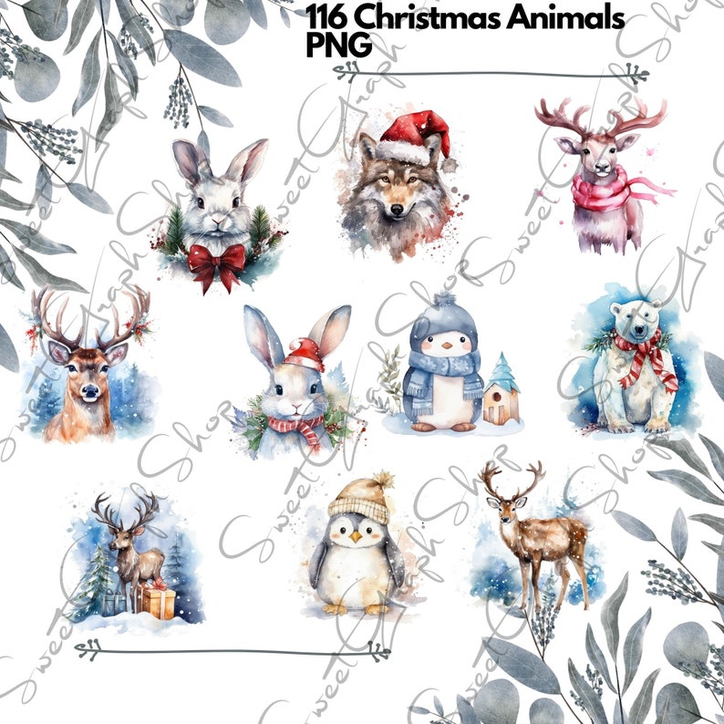 Christmas Animals Clipart, Cute Xmas Animals, Digital, Instant Download ...