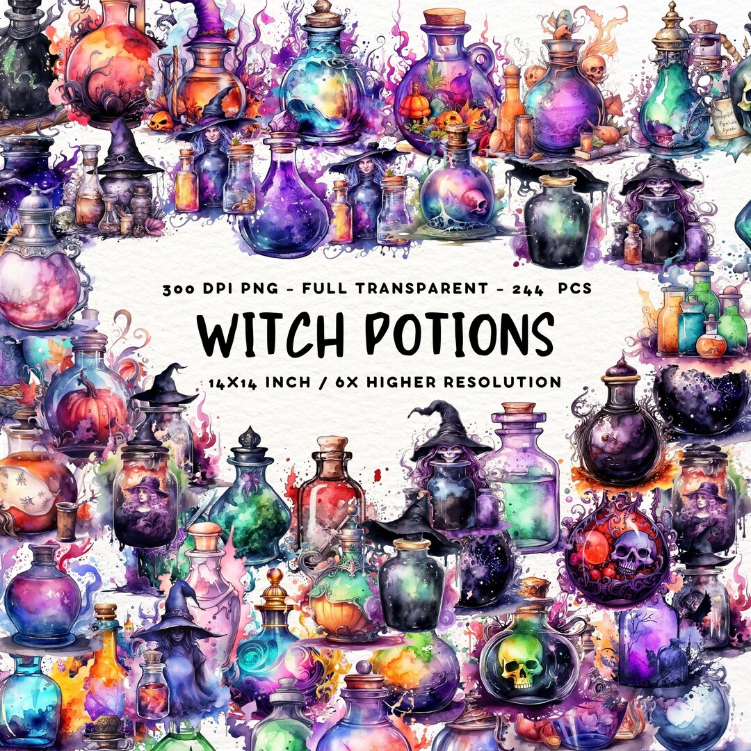Witch Potions Watercolor Clipart Bundle 244 PNG Potion Images, Magical ...