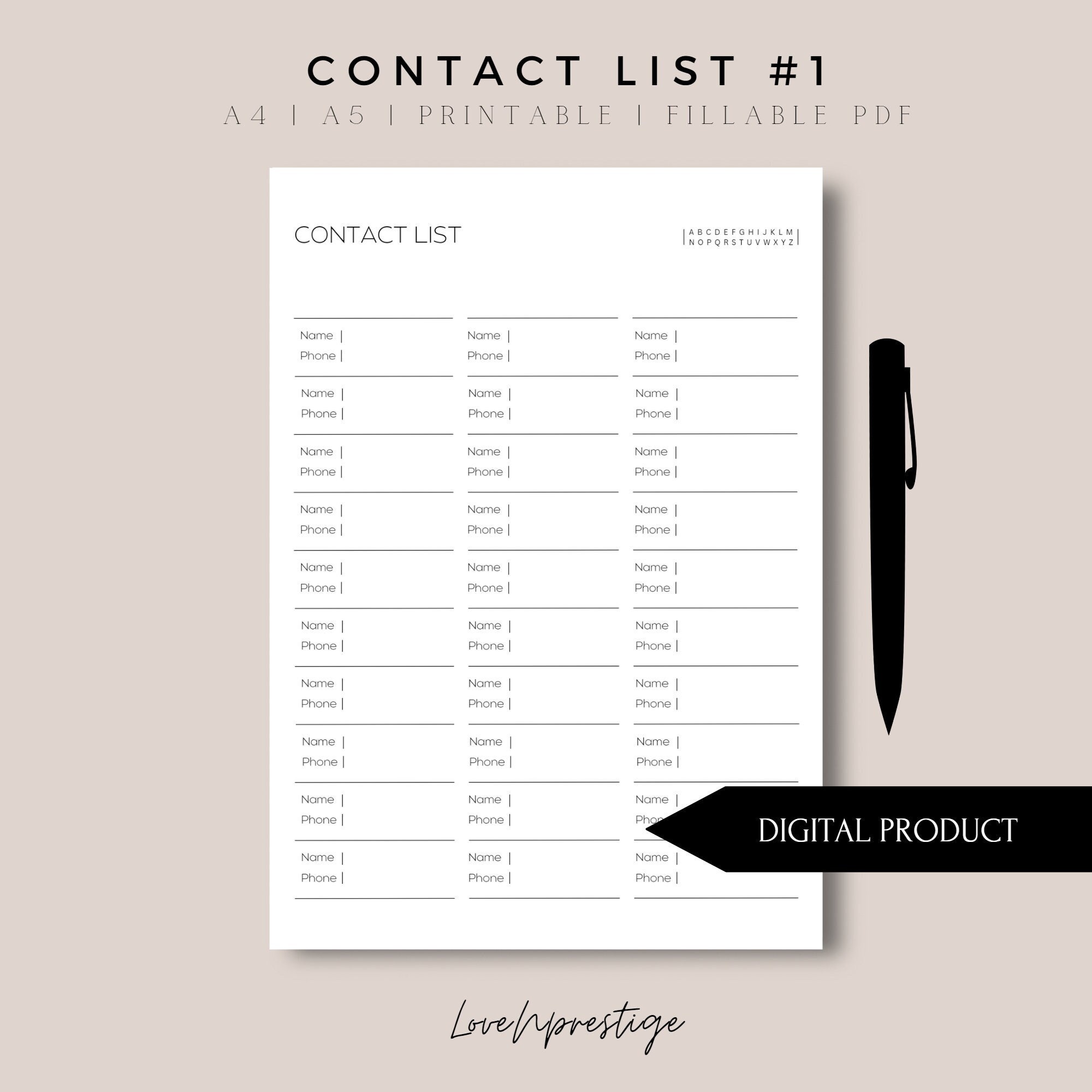 CONTACT LIST, Printable, Contact Organizer, Name, Phone Number, Instant ...