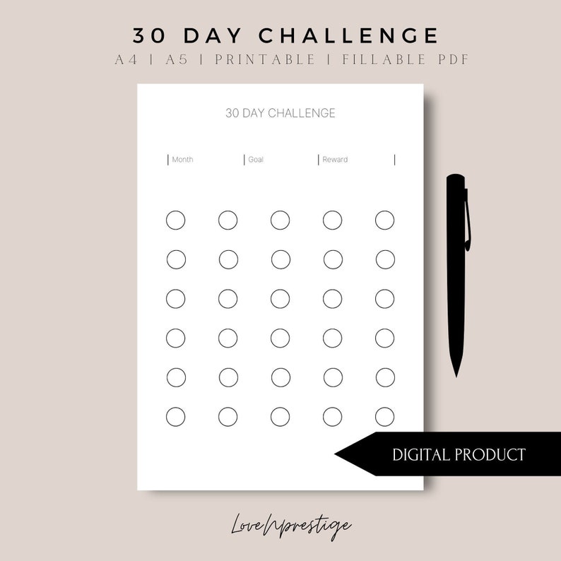 30 DAY CHALLENGE PRINTABLE, Digital Download, Digital Printable, Goal ...