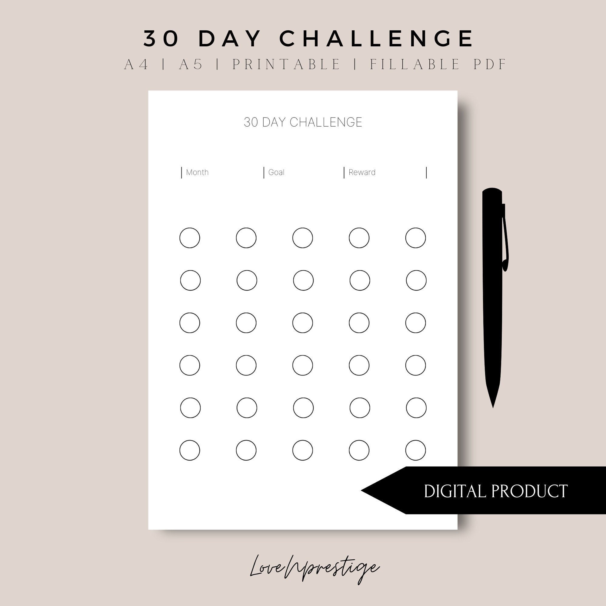 30 DAY CHALLENGE PRINTABLE, Digital Download, Digital Printable, Goal ...