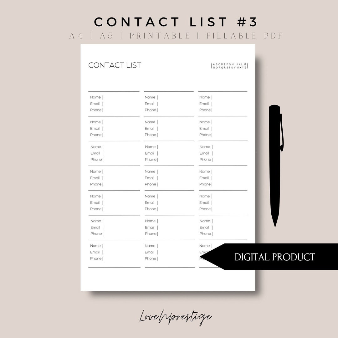MINIMAL MODERN DESIGNED Contact List Planner, Instant Download, Client ...