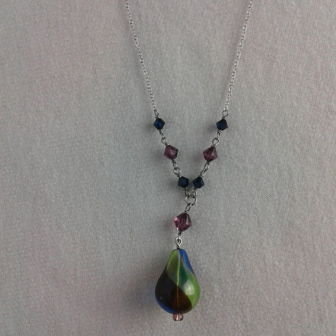 Sterling Hand Blown Art Glass Tear Drop Swirl Pendant Necklace Blue ...