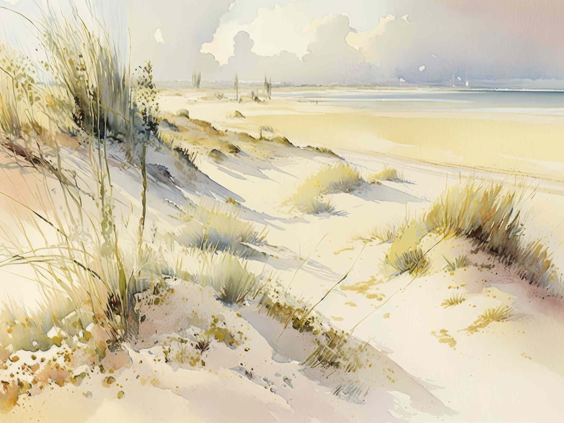 Tranquil Summer Beach Landscape Muted Watercolor Painting Serene ...