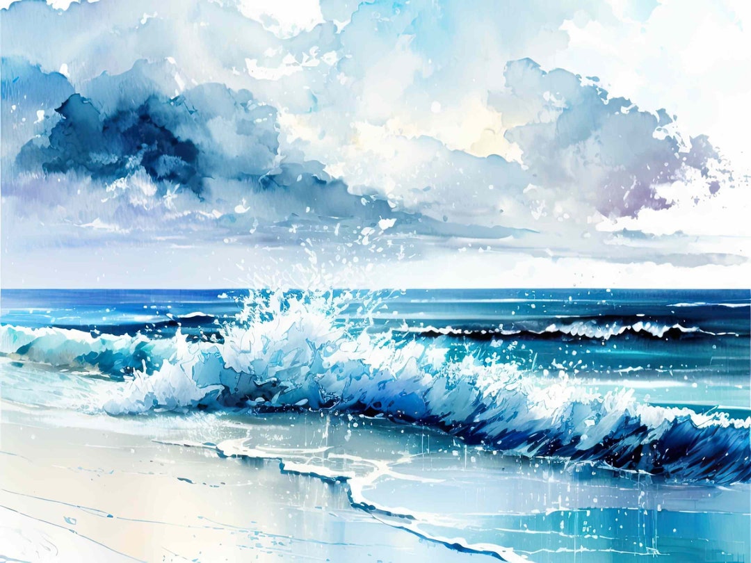 Serene Beachscape Illustration Tranquil Blue Watercolor Painting ...