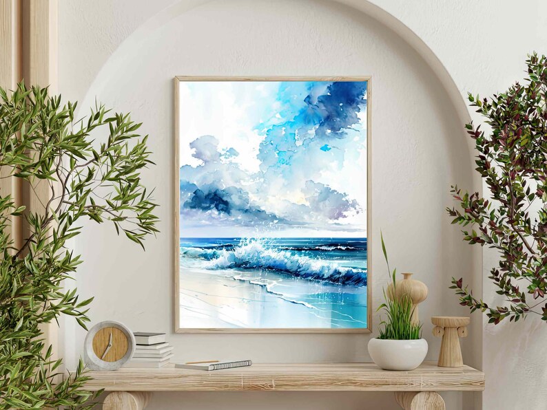 Serene Beachscape Illustration | Tranquil Blue Watercolor Painting ...