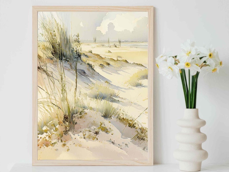 Tranquil Summer Beach Landscape Muted Watercolor Painting Serene ...