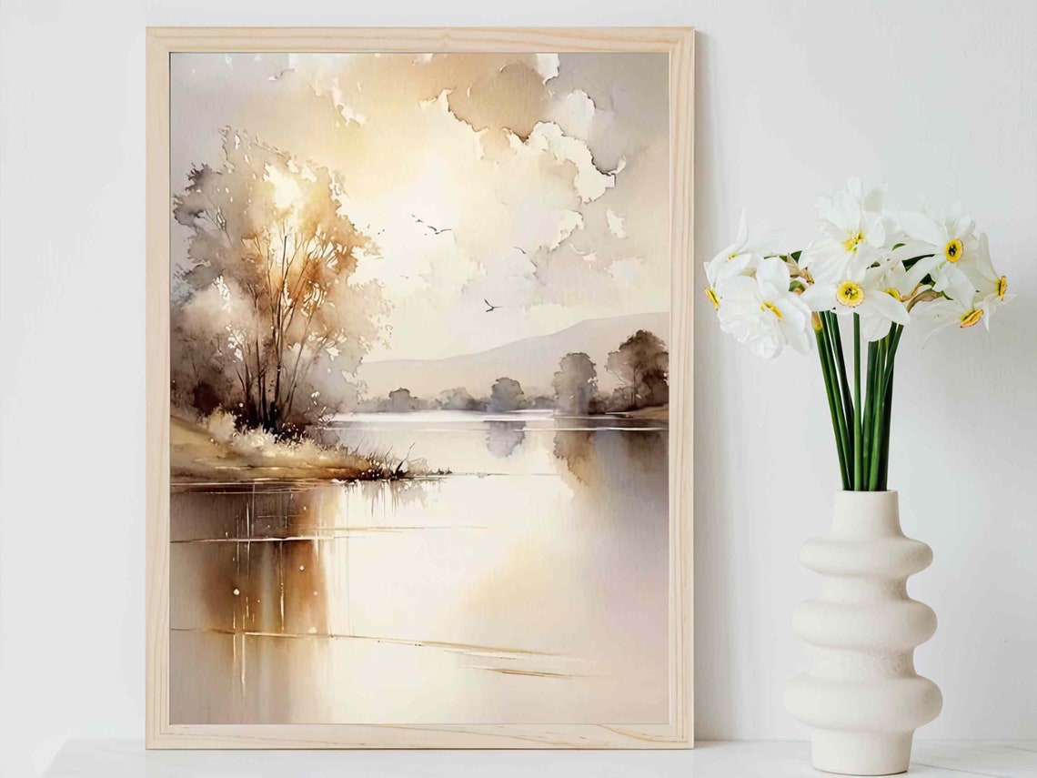 Muted Watercolor Printable Art | Tranquil Lakeside Landscape Painting | Nature Wall Decor ...
