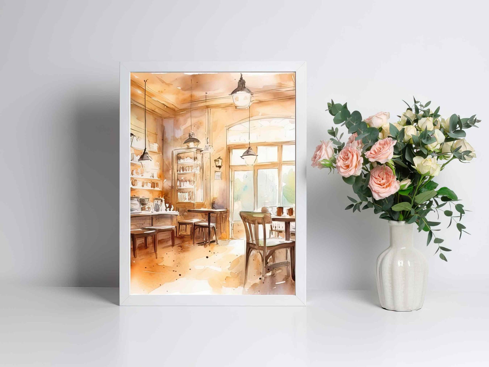 Inviting European Coffee and Tea Shop Interior Warm Ambiance Watercolor ...